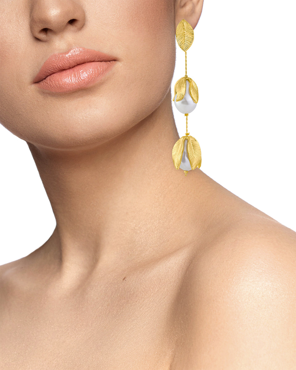 Leaf and Pearl Design Drop Earrings – Jardin Jewelry